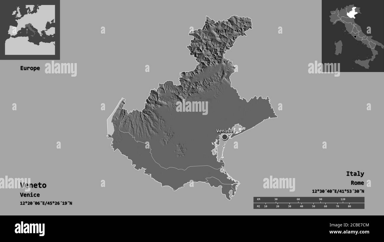 Shape of Veneto, region of Italy, and its capital. Distance scale ...