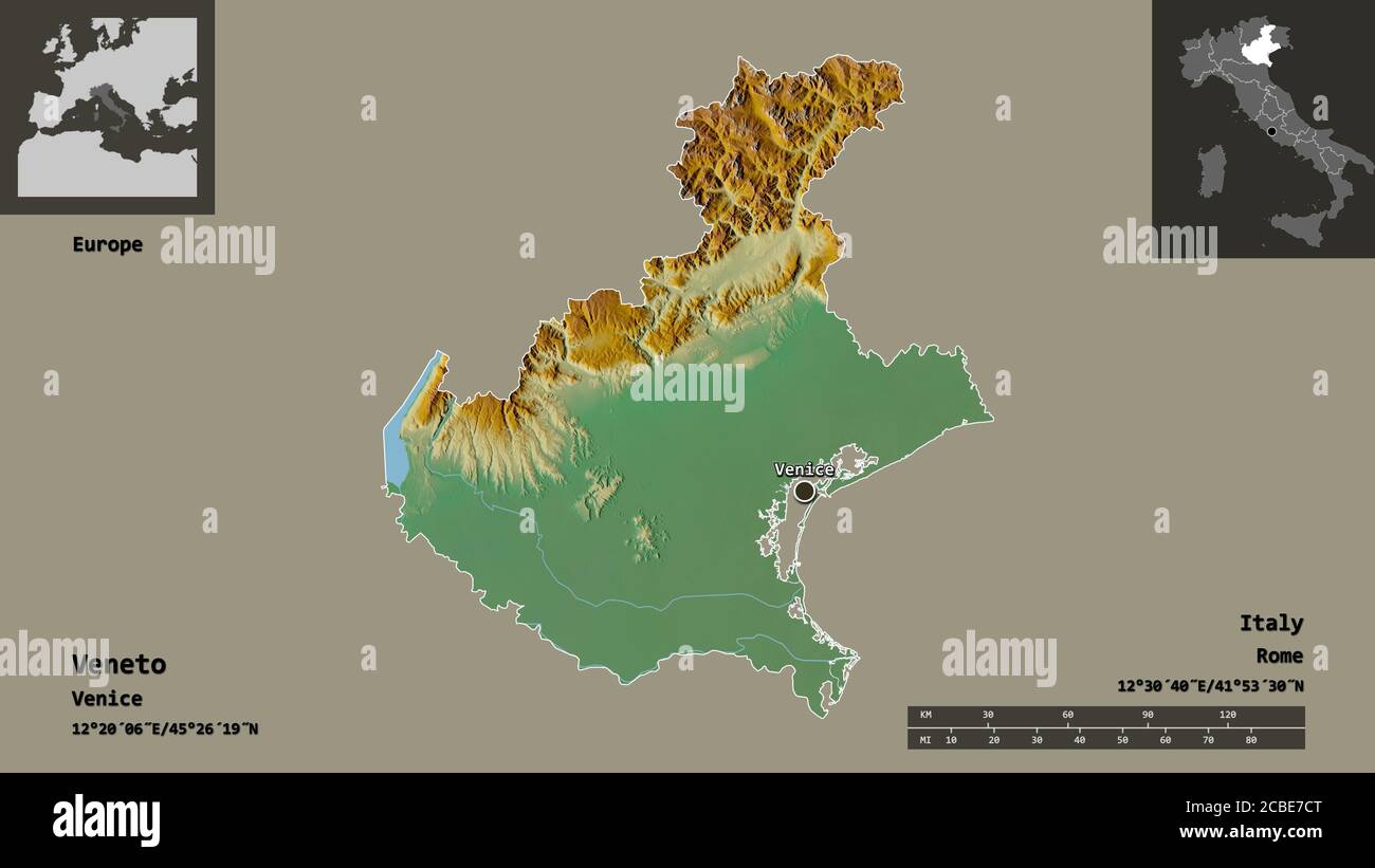 Shape of Veneto, region of Italy, and its capital. Distance scale ...
