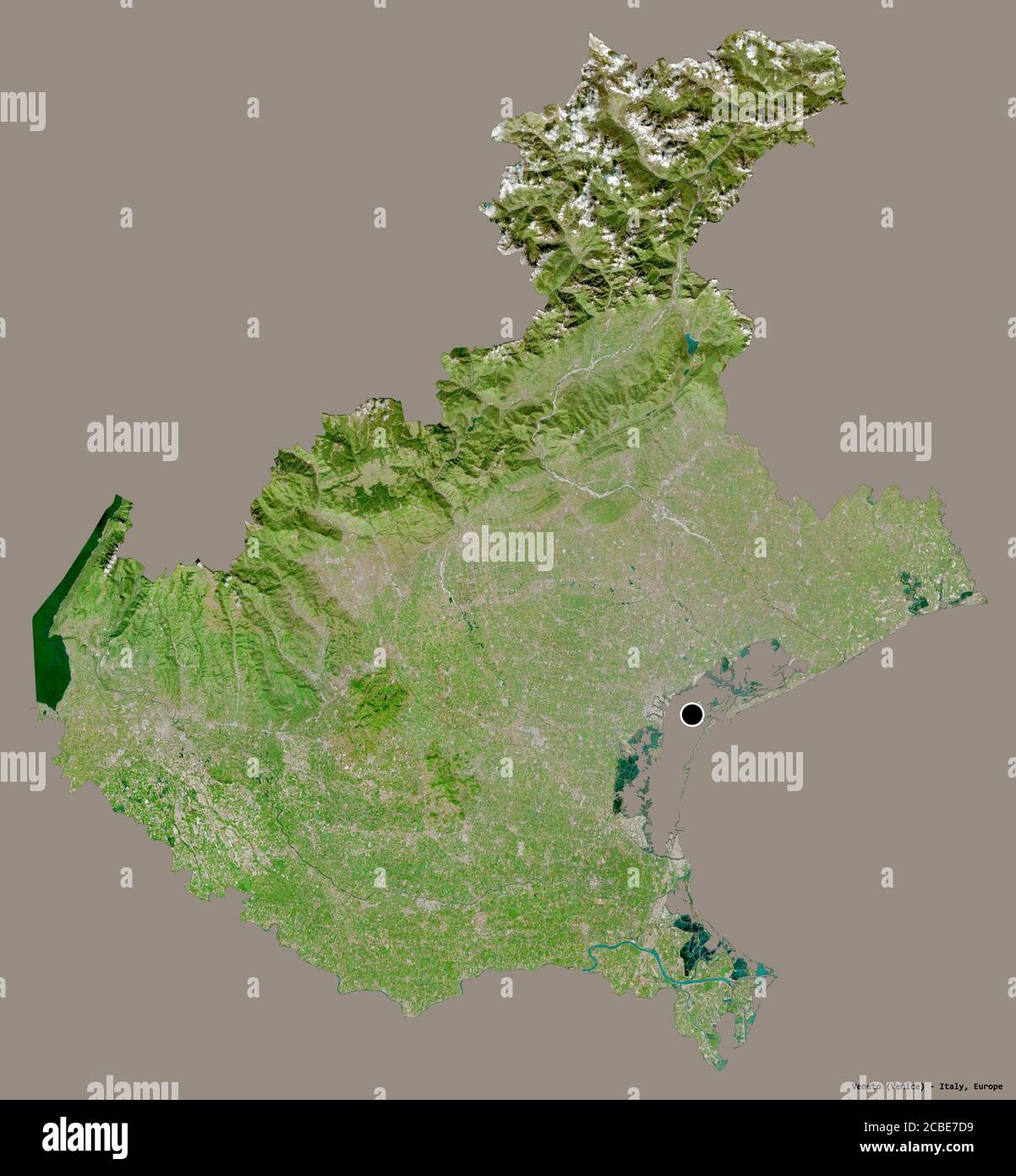 Shape of Veneto, region of Italy, with its capital isolated on a solid ...