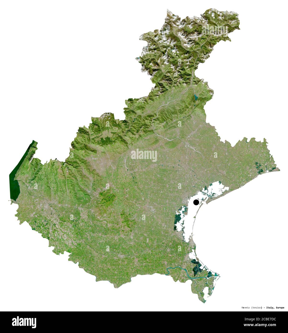 Shape of Veneto, region of Italy, with its capital isolated on white ...