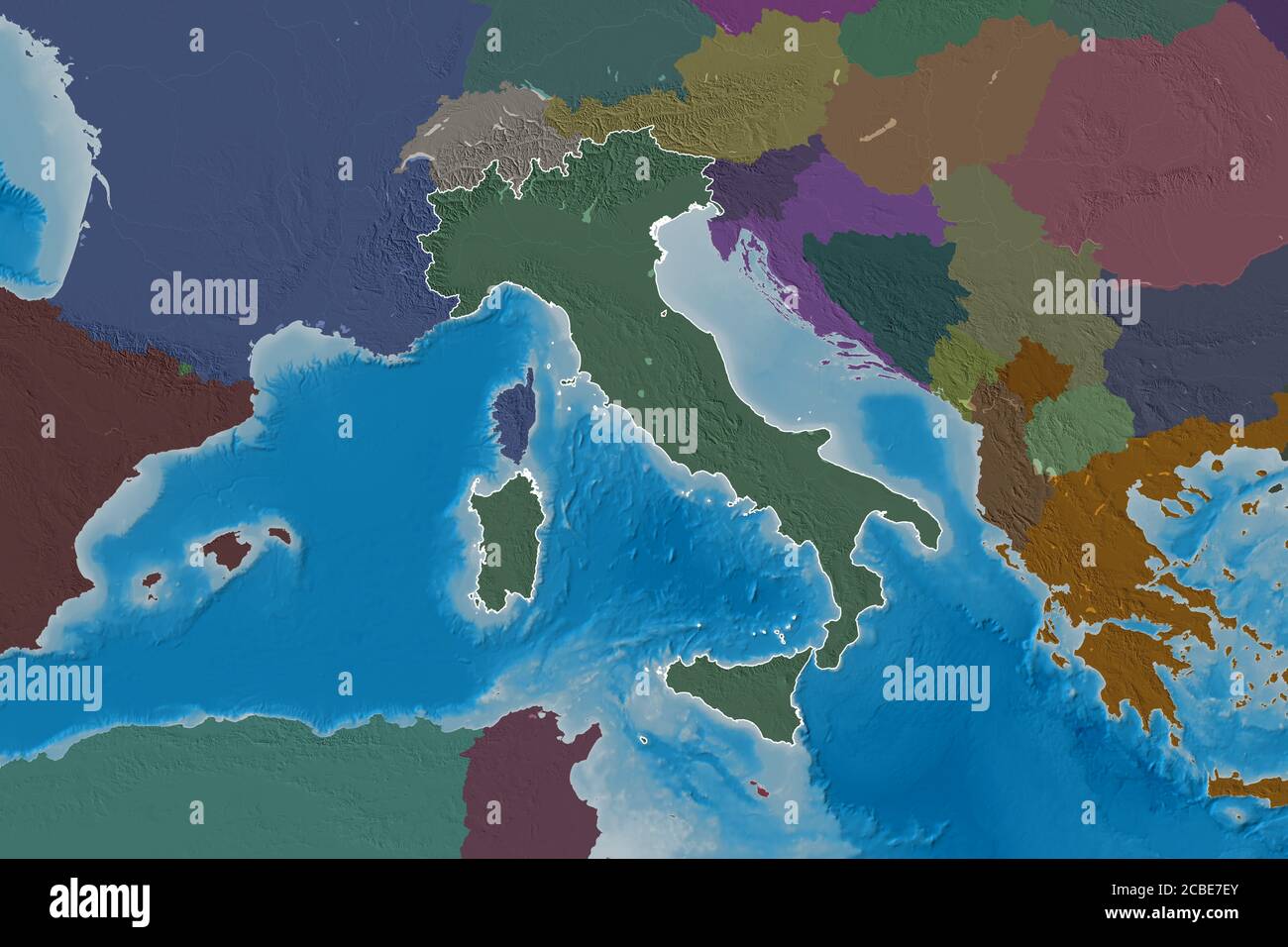 Extended area of outlined Italy. Colored elevation map. 3D rendering ...