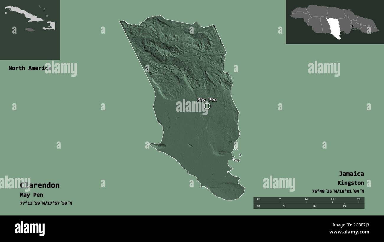 Shape of Clarendon, parish of Jamaica, and its capital. Distance scale ...