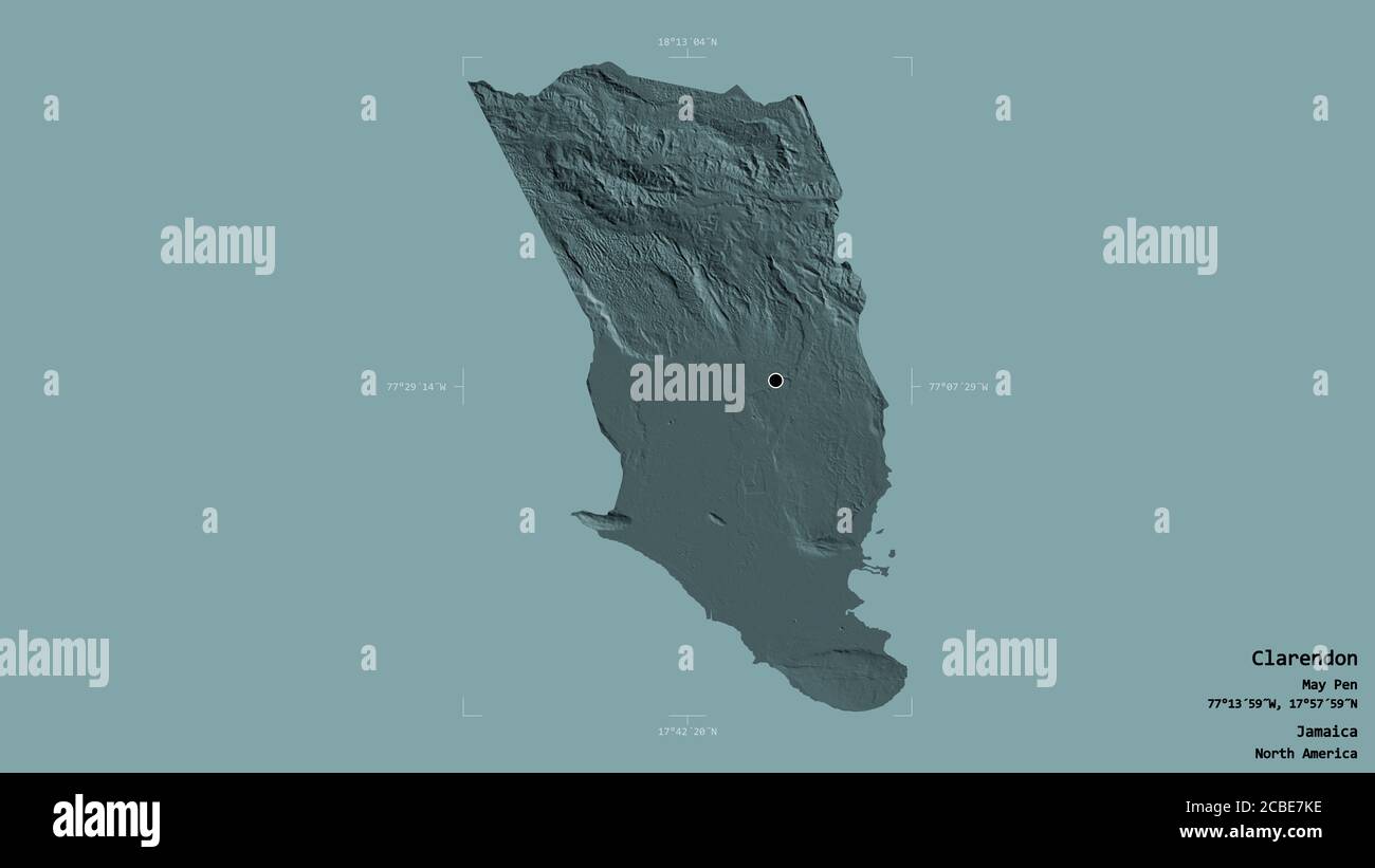 Area of Clarendon, parish of Jamaica, isolated on a solid background in ...