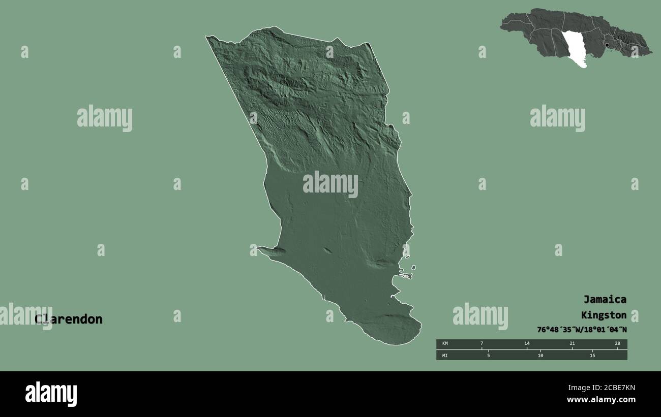 Shape of Clarendon, parish of Jamaica, with its capital isolated on ...