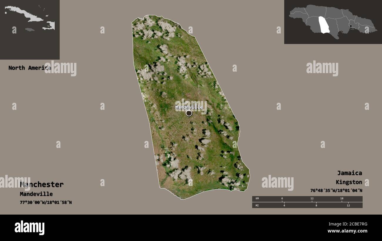 Shape of Manchester, parish of Jamaica, and its capital. Distance scale ...