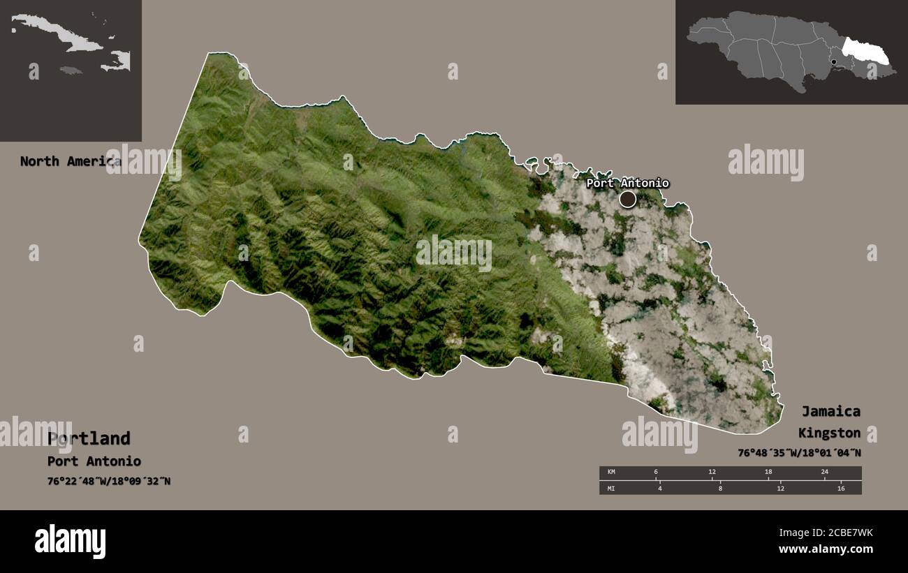 Shape of Portland, parish of Jamaica, and its capital. Distance scale ...