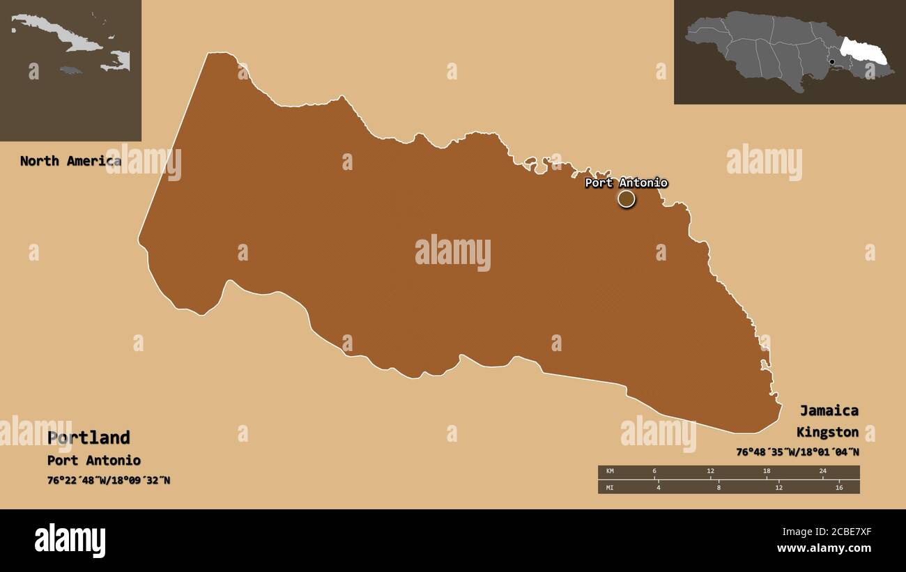 Shape of Portland, parish of Jamaica, and its capital. Distance scale ...