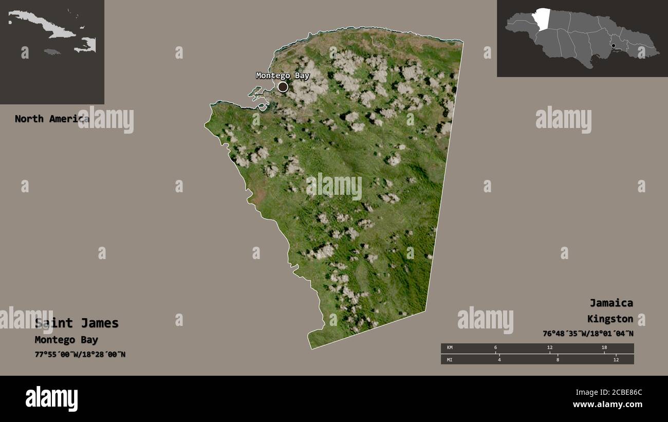Shape of Saint James, parish of Jamaica, and its capital. Distance ...