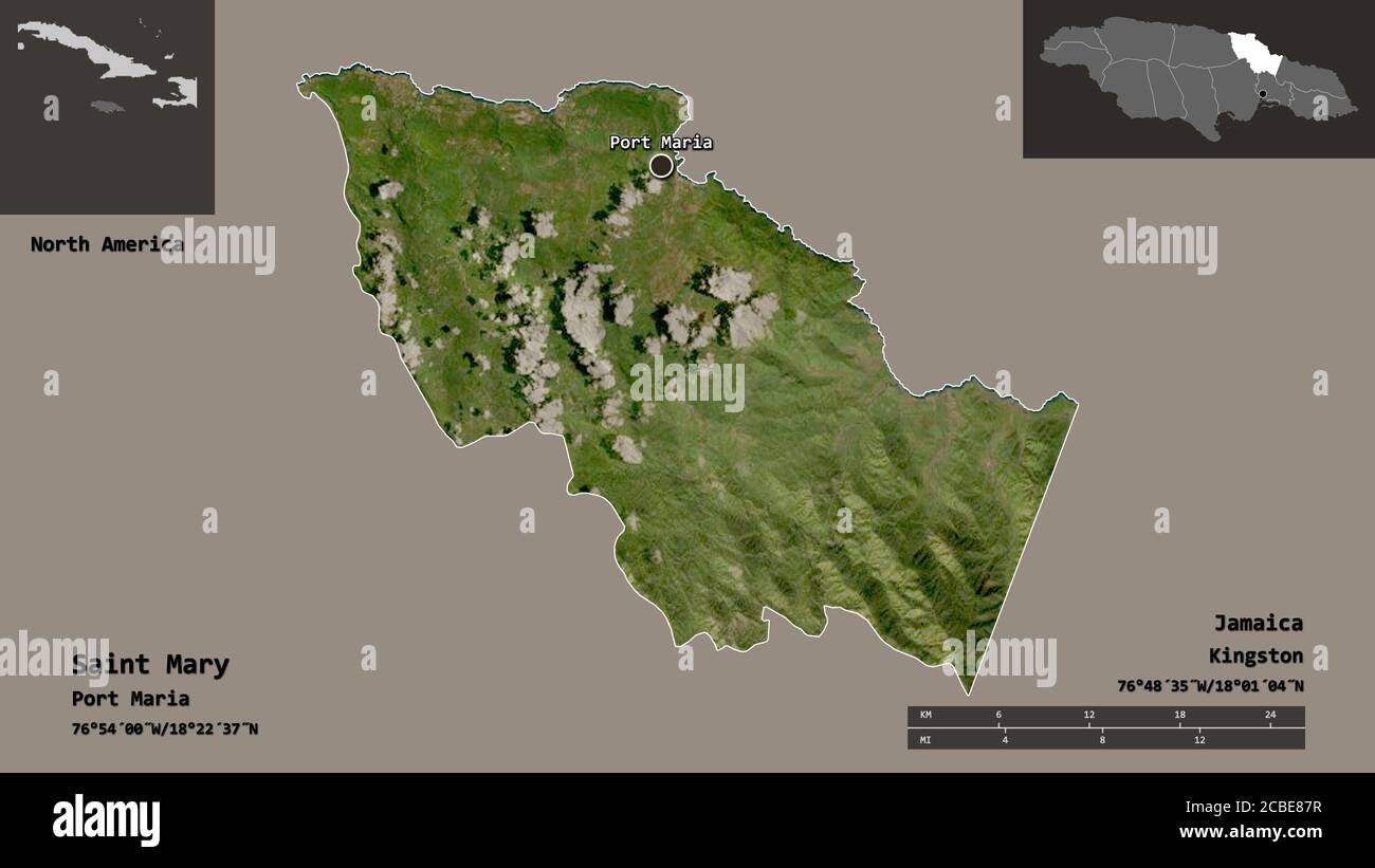 Shape of Saint Mary, parish of Jamaica, and its capital. Distance scale ...