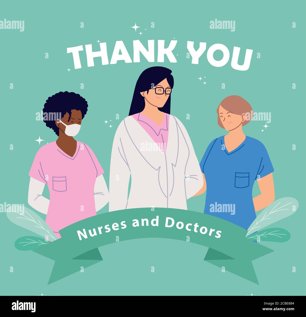 women doctors with uniforms and thank you text design of medical care ...