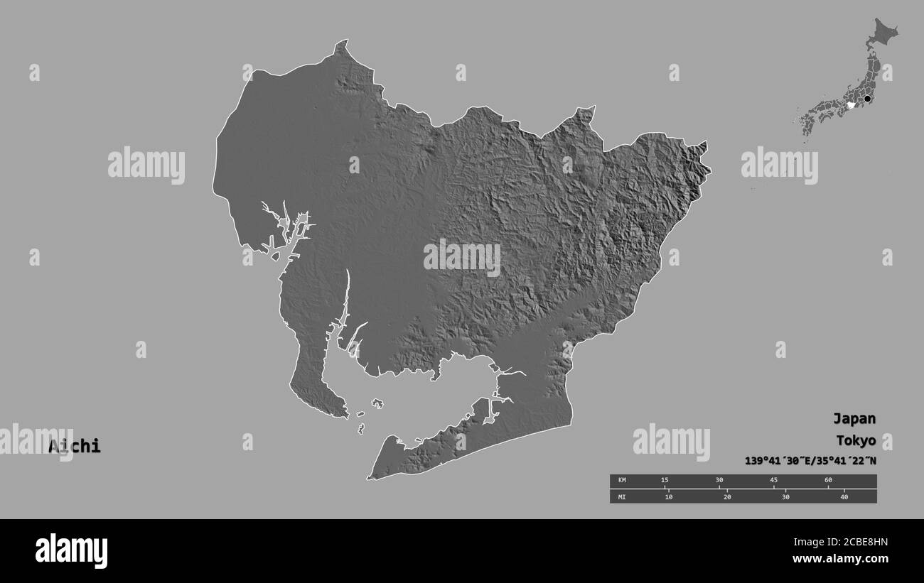 Shape of Aichi, prefecture of Japan, with its capital isolated on solid ...