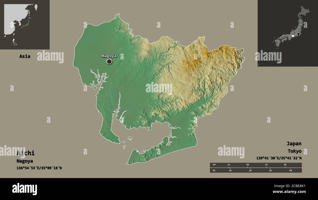 Shape of Aichi, prefecture of Japan, and its capital. Distance scale ...