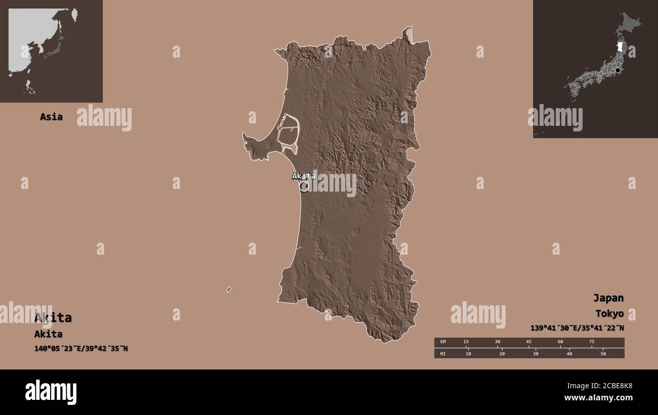 Shape of Akita, prefecture of Japan, and its capital. Distance scale ...