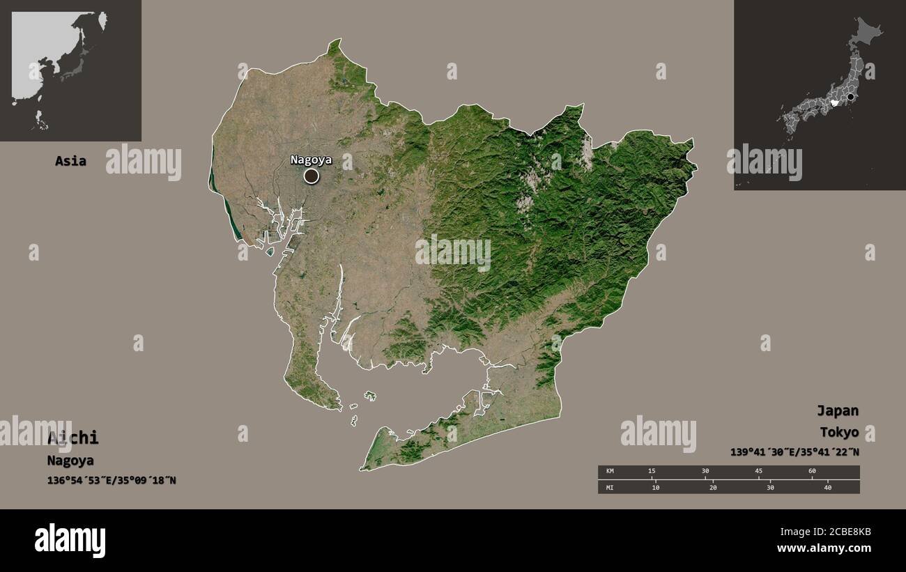 Shape of Aichi, prefecture of Japan, and its capital. Distance scale ...