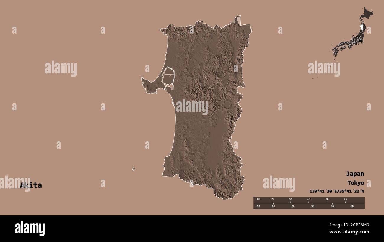 Shape of Akita, prefecture of Japan, with its capital isolated on solid ...