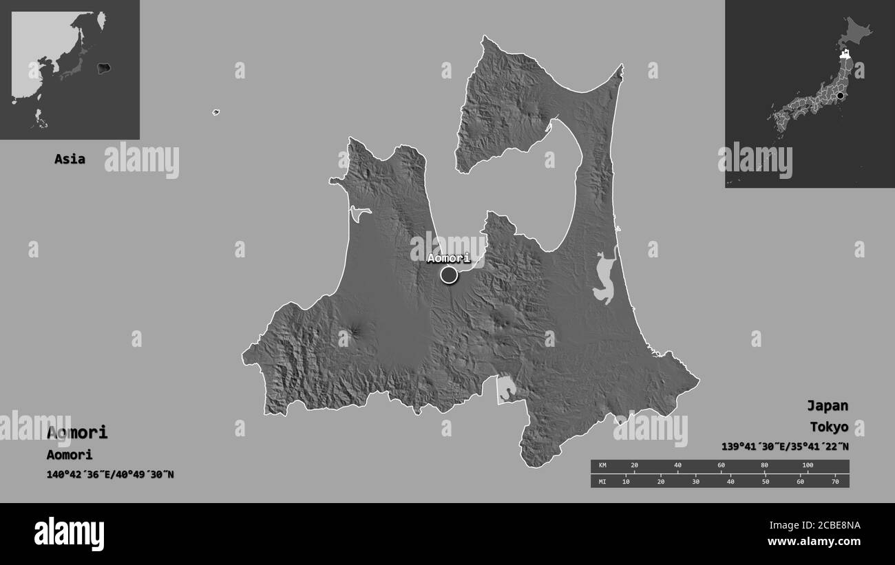 Shape of Aomori, prefecture of Japan, and its capital. Distance scale ...