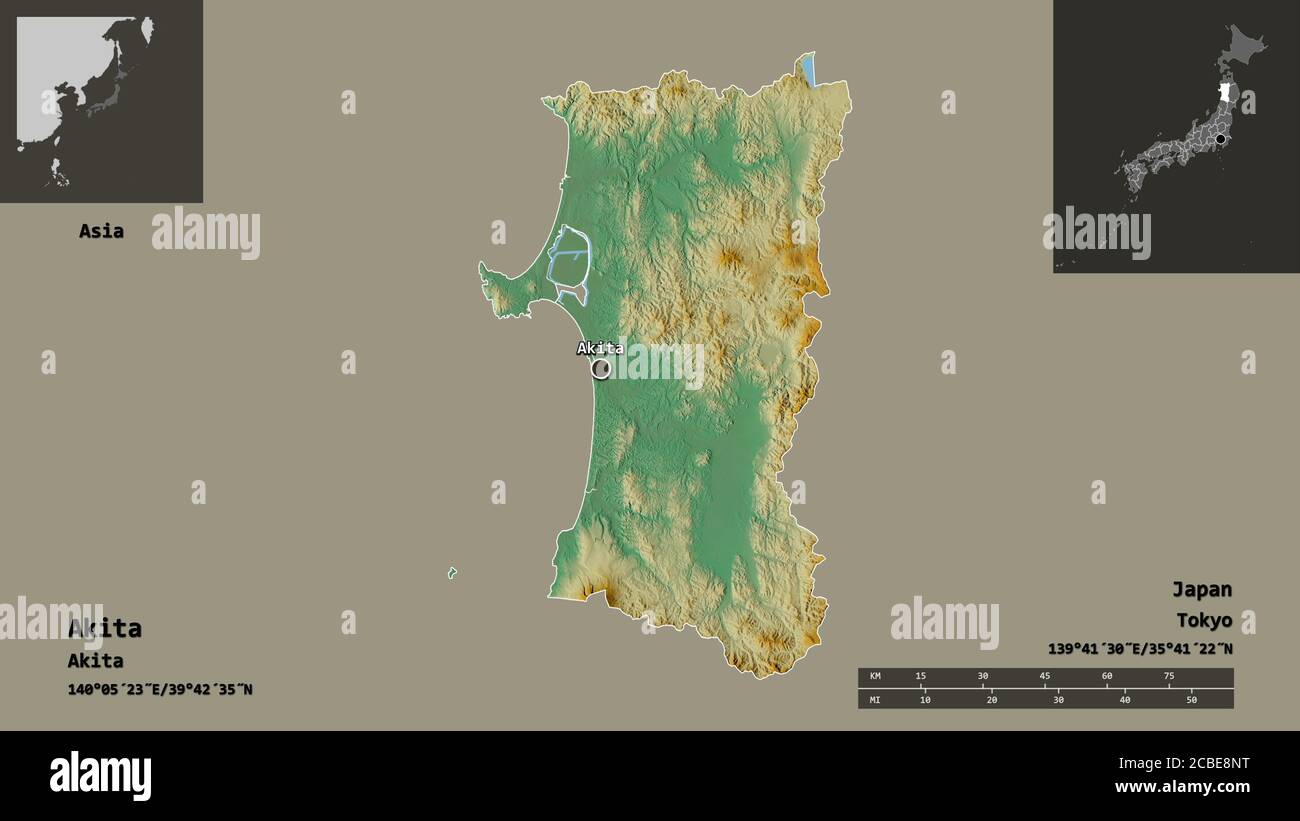 Shape of Akita, prefecture of Japan, and its capital. Distance scale ...