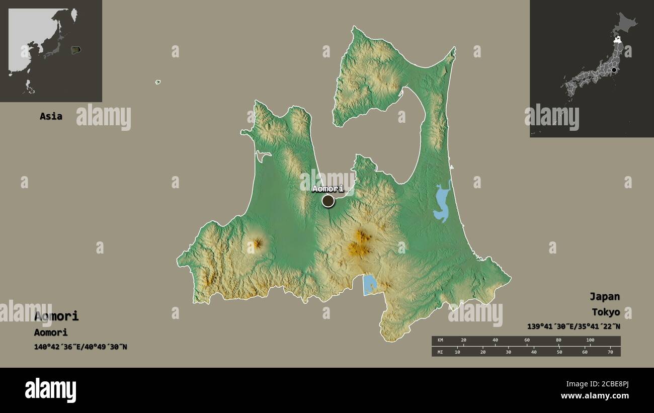 Shape of Aomori, prefecture of Japan, and its capital. Distance scale ...