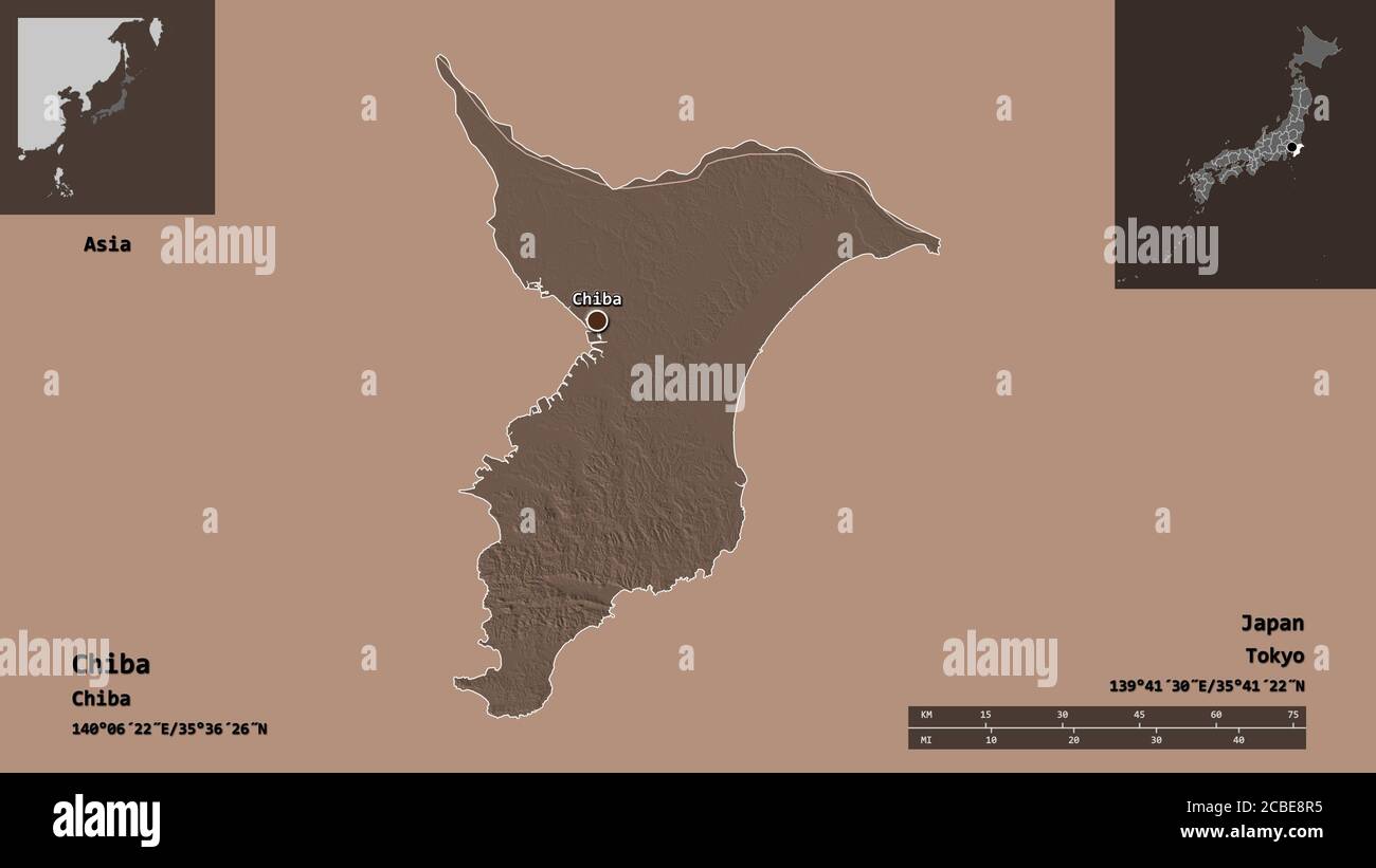 Shape of Chiba, prefecture of Japan, and its capital. Distance scale ...
