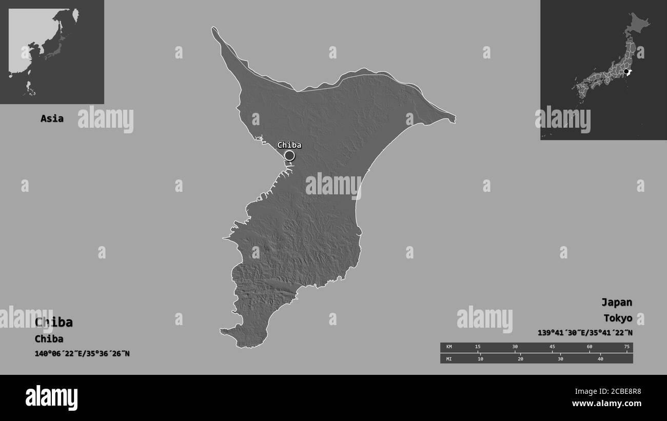 Shape of Chiba, prefecture of Japan, and its capital. Distance scale ...
