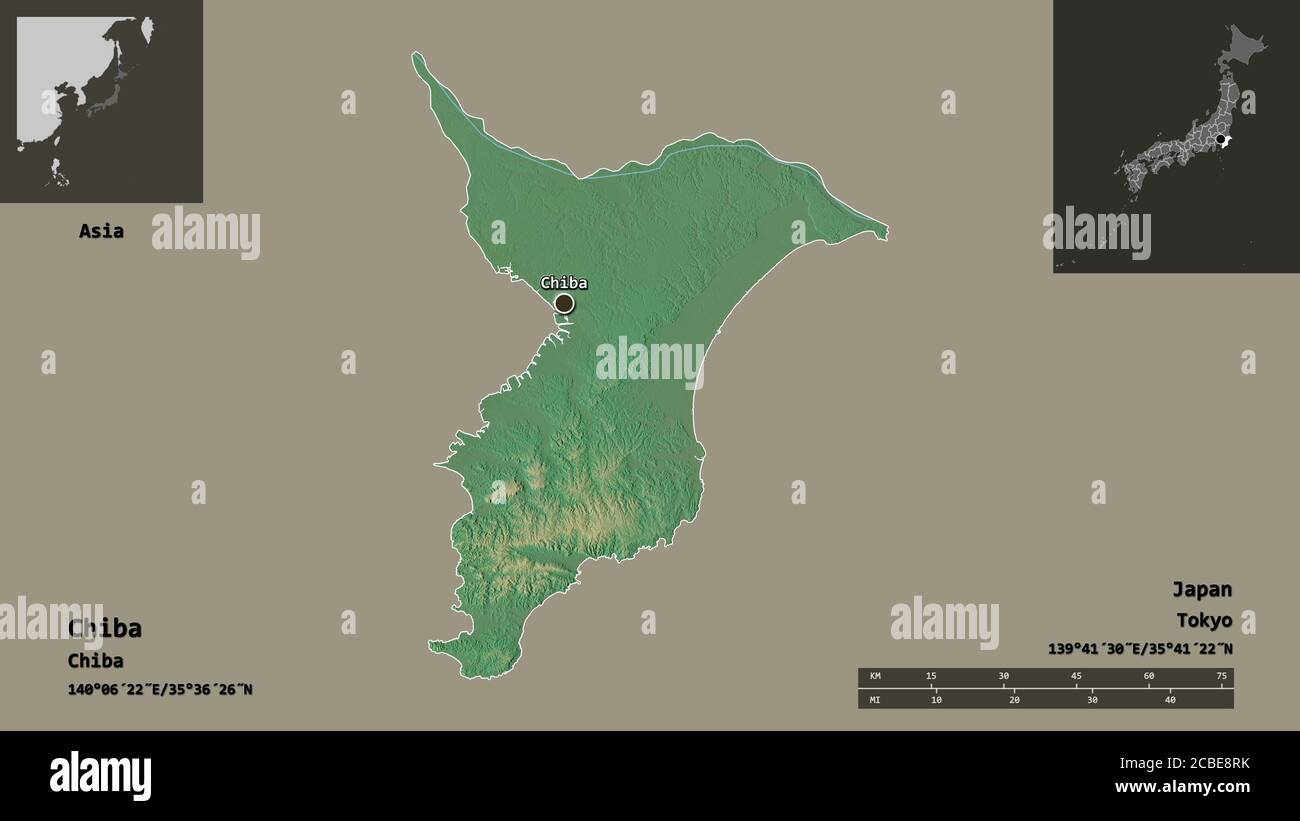 Shape of Chiba, prefecture of Japan, and its capital. Distance scale ...