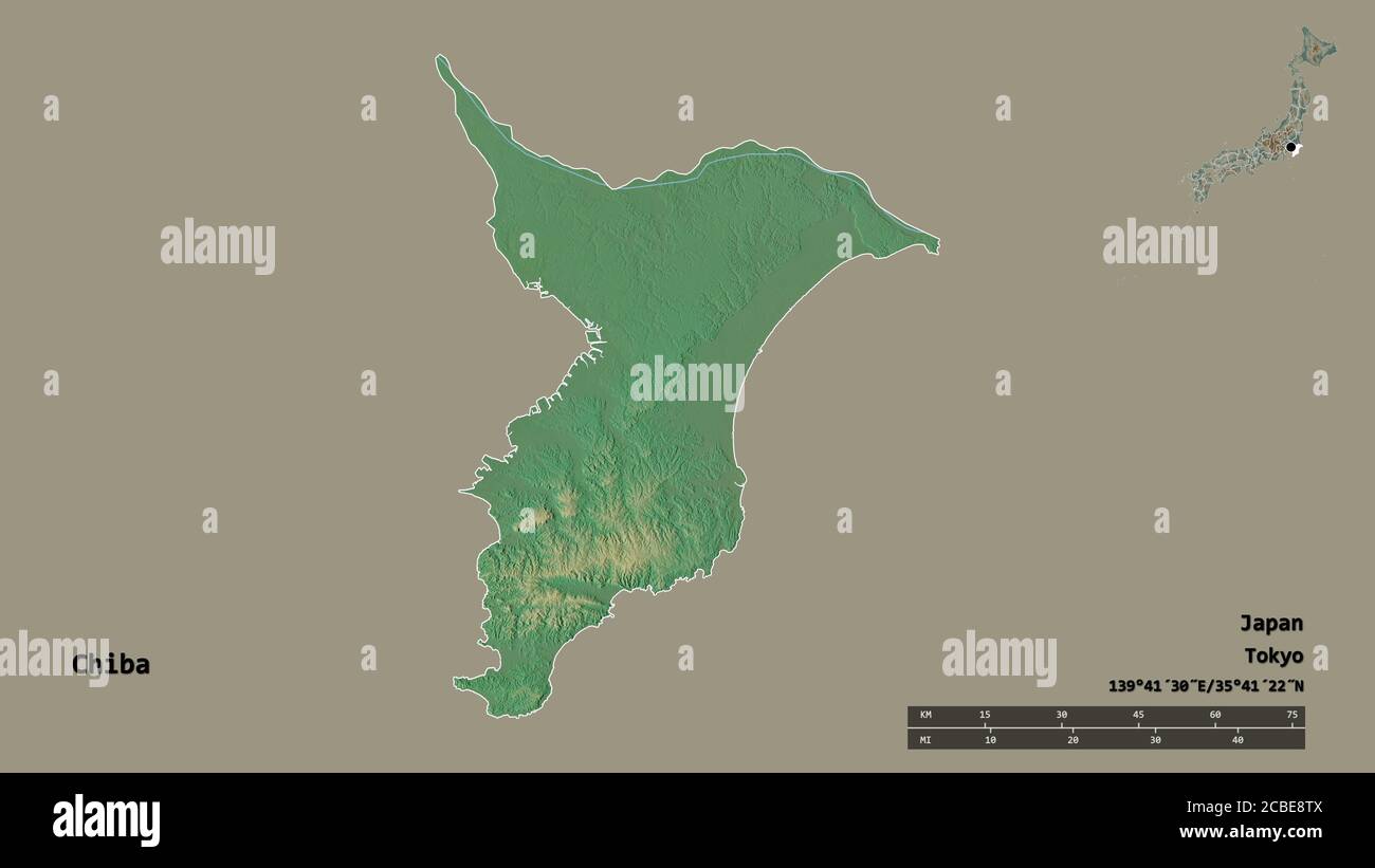 Shape of Chiba, prefecture of Japan, with its capital isolated on solid ...