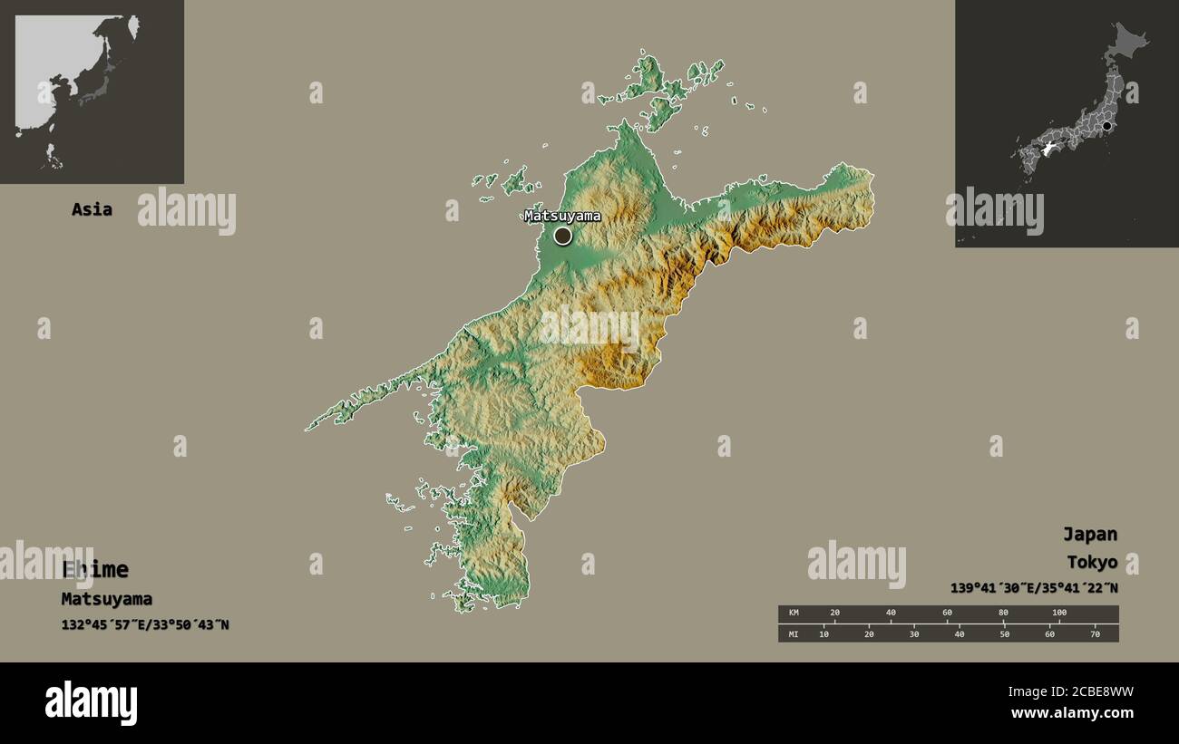 Shape of Ehime, prefecture of Japan, and its capital. Distance scale ...