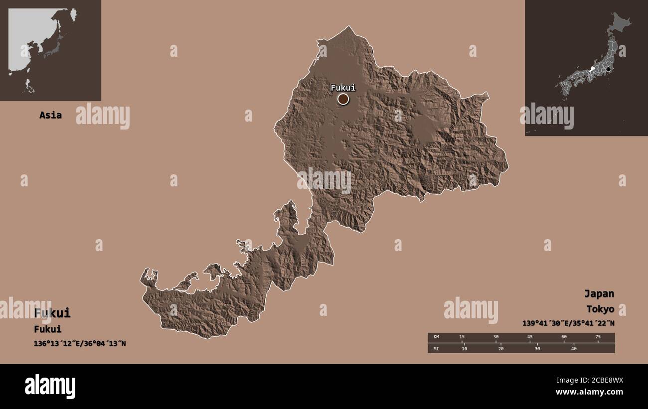 Shape of Fukui, prefecture of Japan, and its capital. Distance scale ...