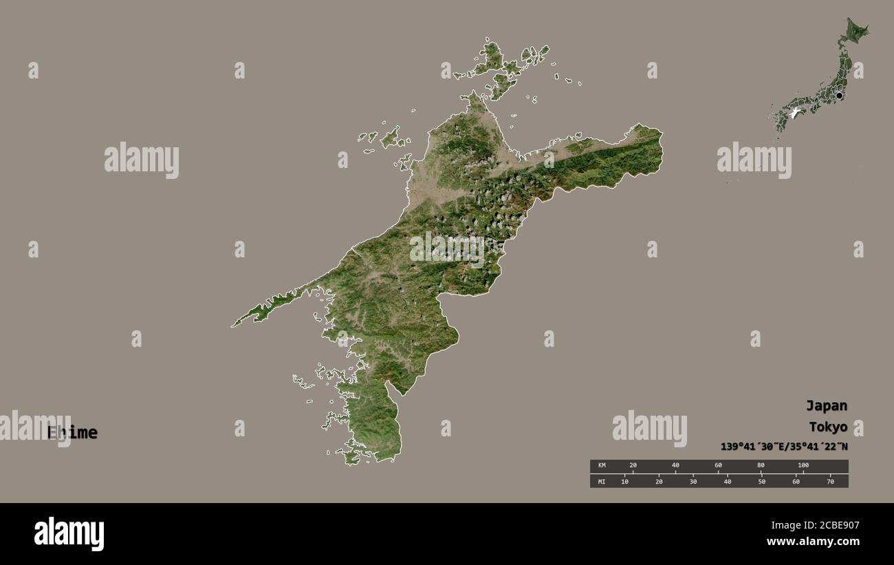 Shape of Ehime, prefecture of Japan, with its capital isolated on solid ...