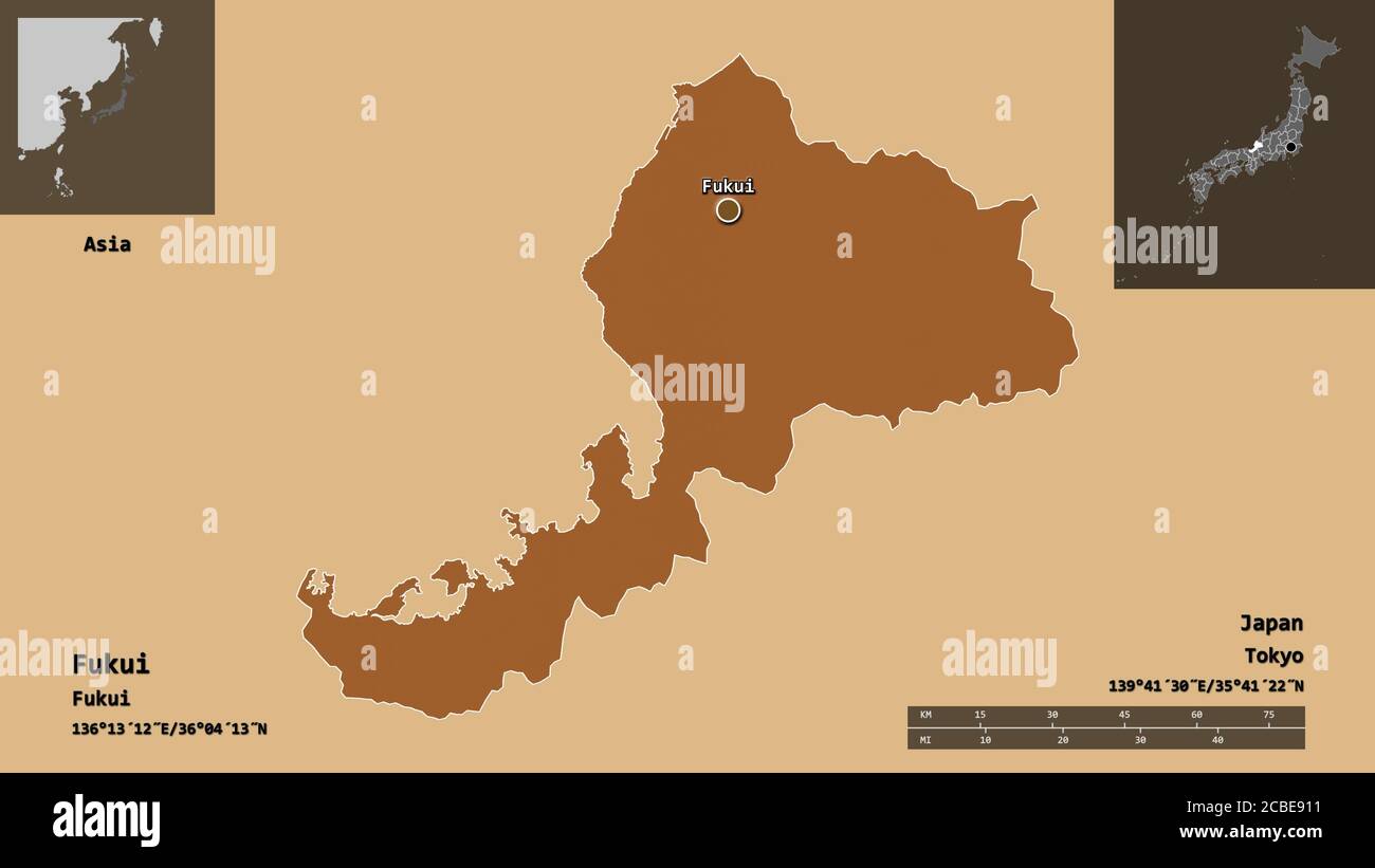 Shape of Fukui, prefecture of Japan, and its capital. Distance scale ...