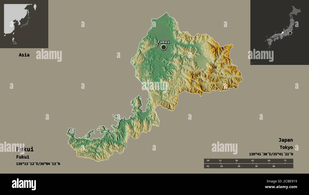 Shape of Fukui, prefecture of Japan, and its capital. Distance scale ...