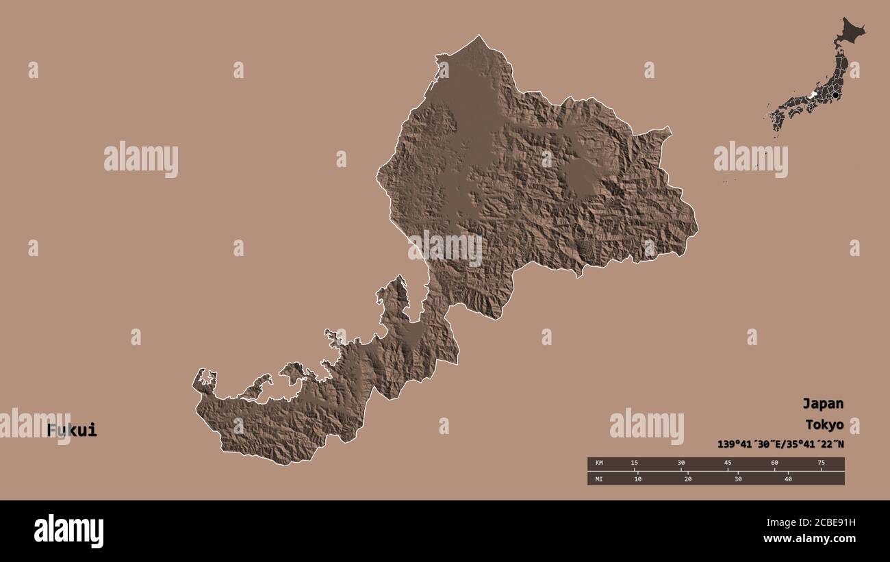 Shape of Fukui, prefecture of Japan, with its capital isolated on solid ...
