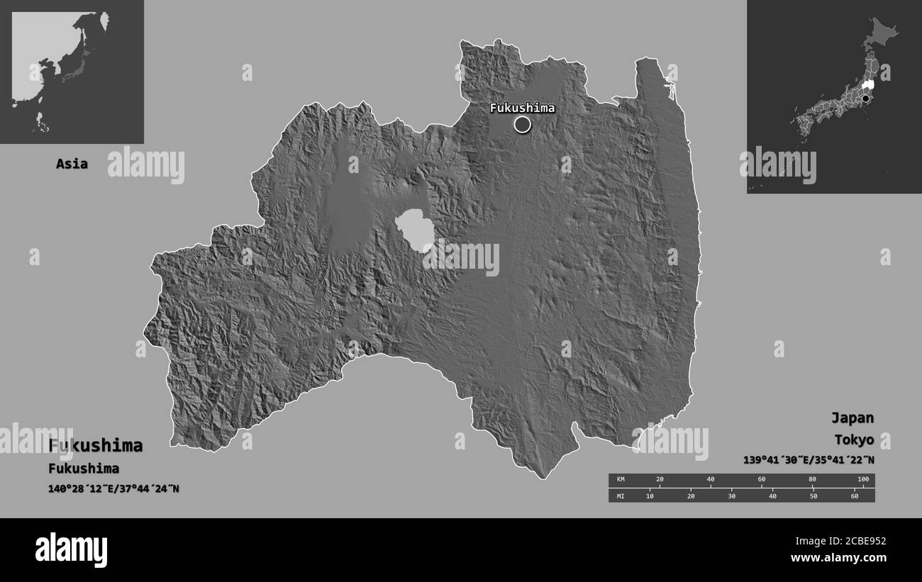 Shape of Fukushima, prefecture of Japan, and its capital. Distance ...