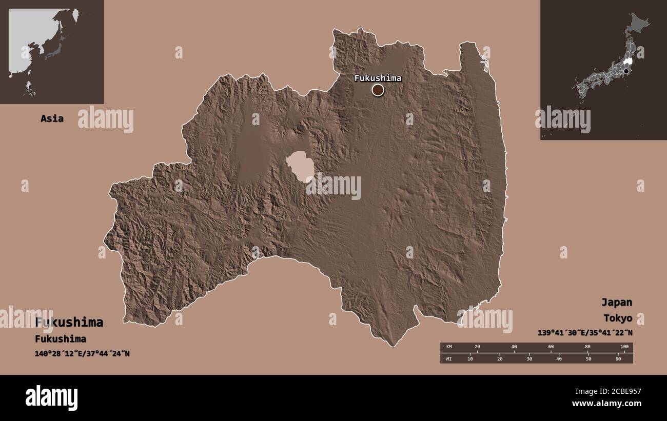 Shape of Fukushima, prefecture of Japan, and its capital. Distance ...