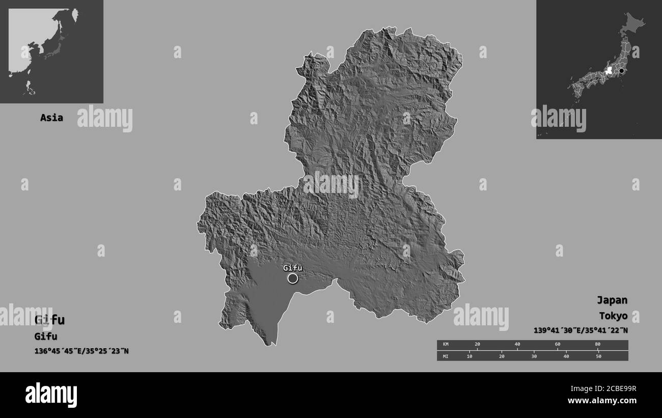Shape of Gifu, prefecture of Japan, and its capital. Distance scale ...