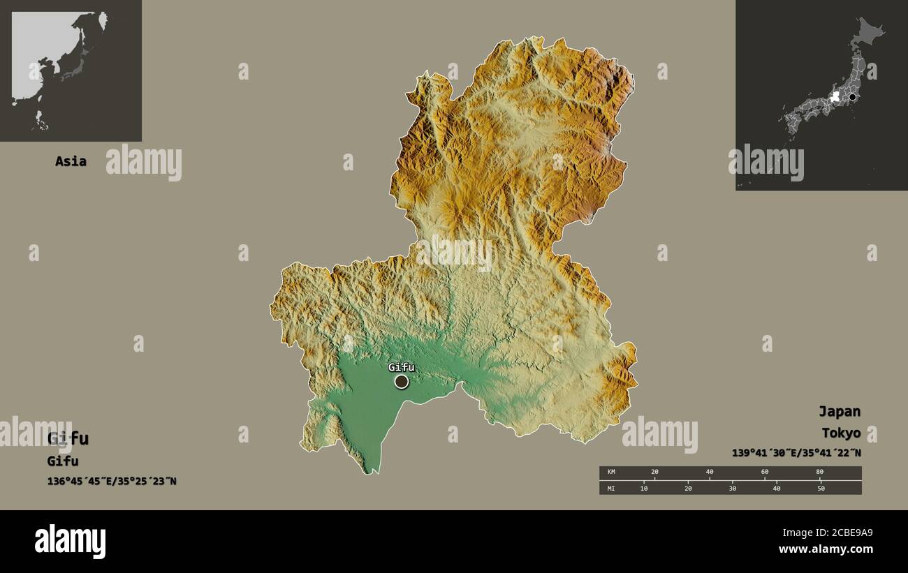 Shape of Gifu, prefecture of Japan, and its capital. Distance scale ...