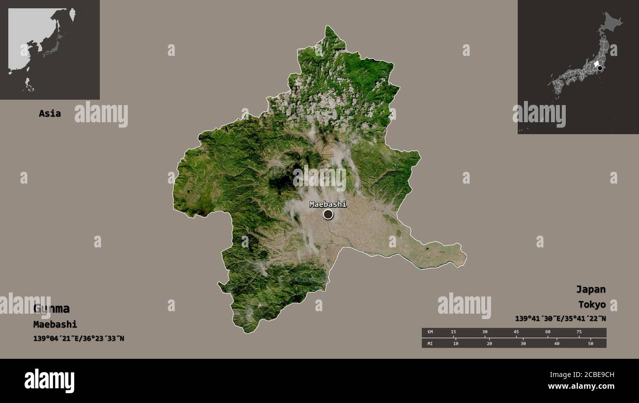 Shape of Gunma, prefecture of Japan, and its capital. Distance scale ...