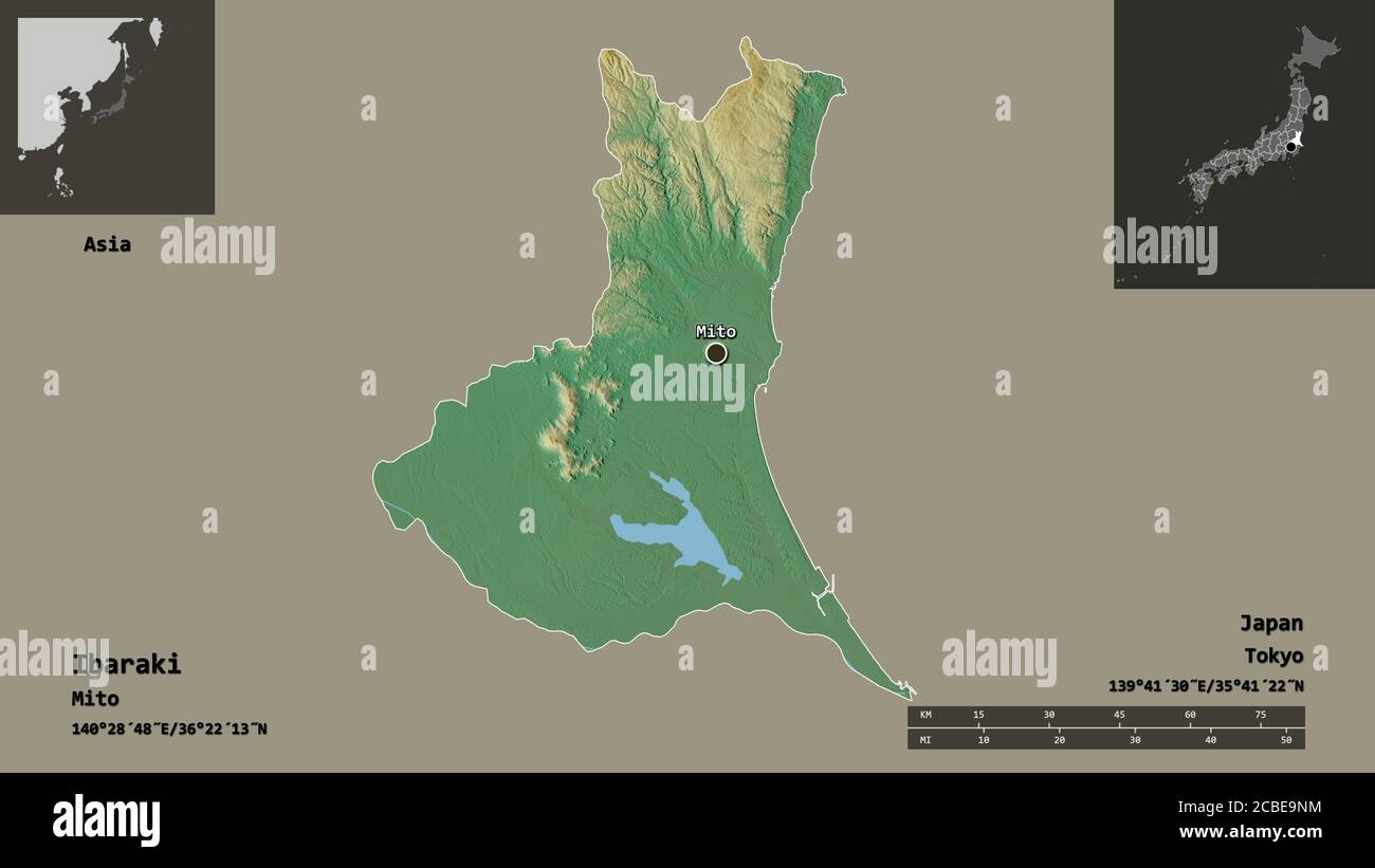 Shape of Ibaraki, prefecture of Japan, and its capital. Distance scale ...