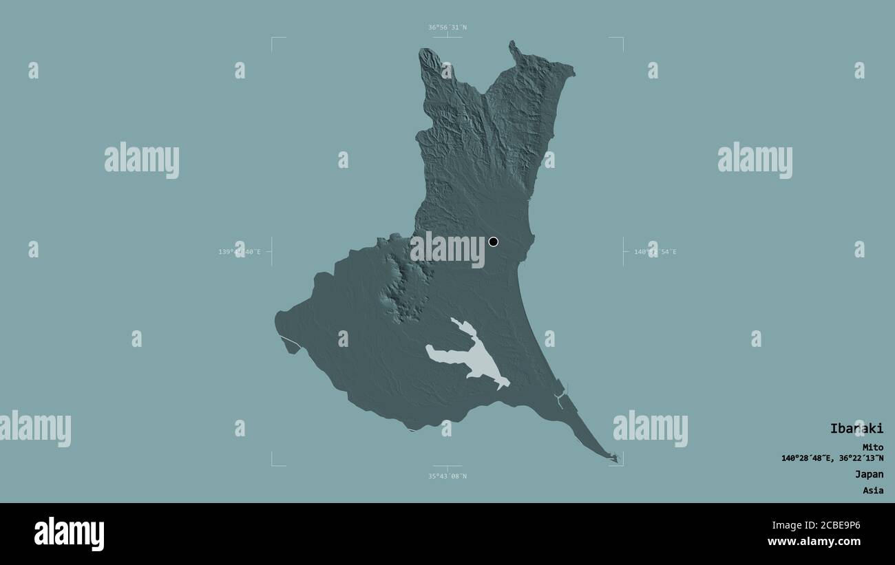 Area of Ibaraki, prefecture of Japan, isolated on a solid background in a georeferenced bounding ...