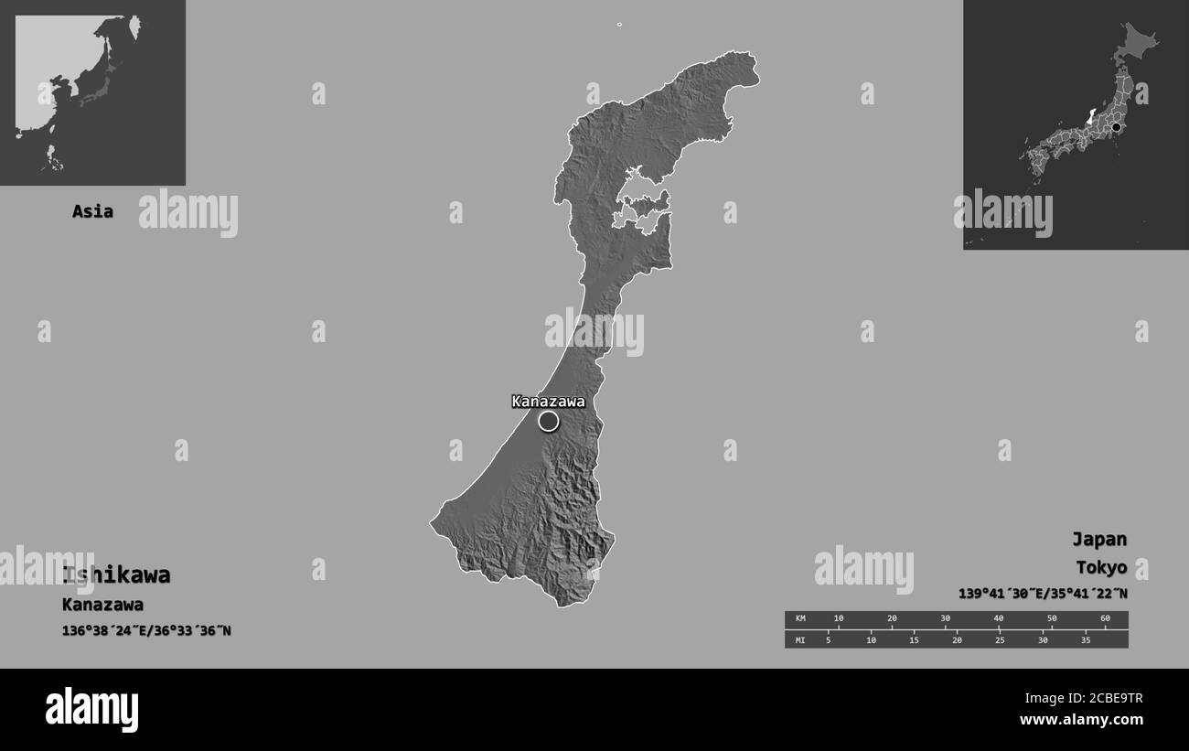 Shape of Ishikawa, prefecture of Japan, and its capital. Distance scale ...