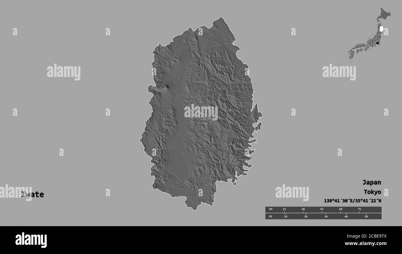 Shape of Iwate, prefecture of Japan, with its capital isolated on solid ...