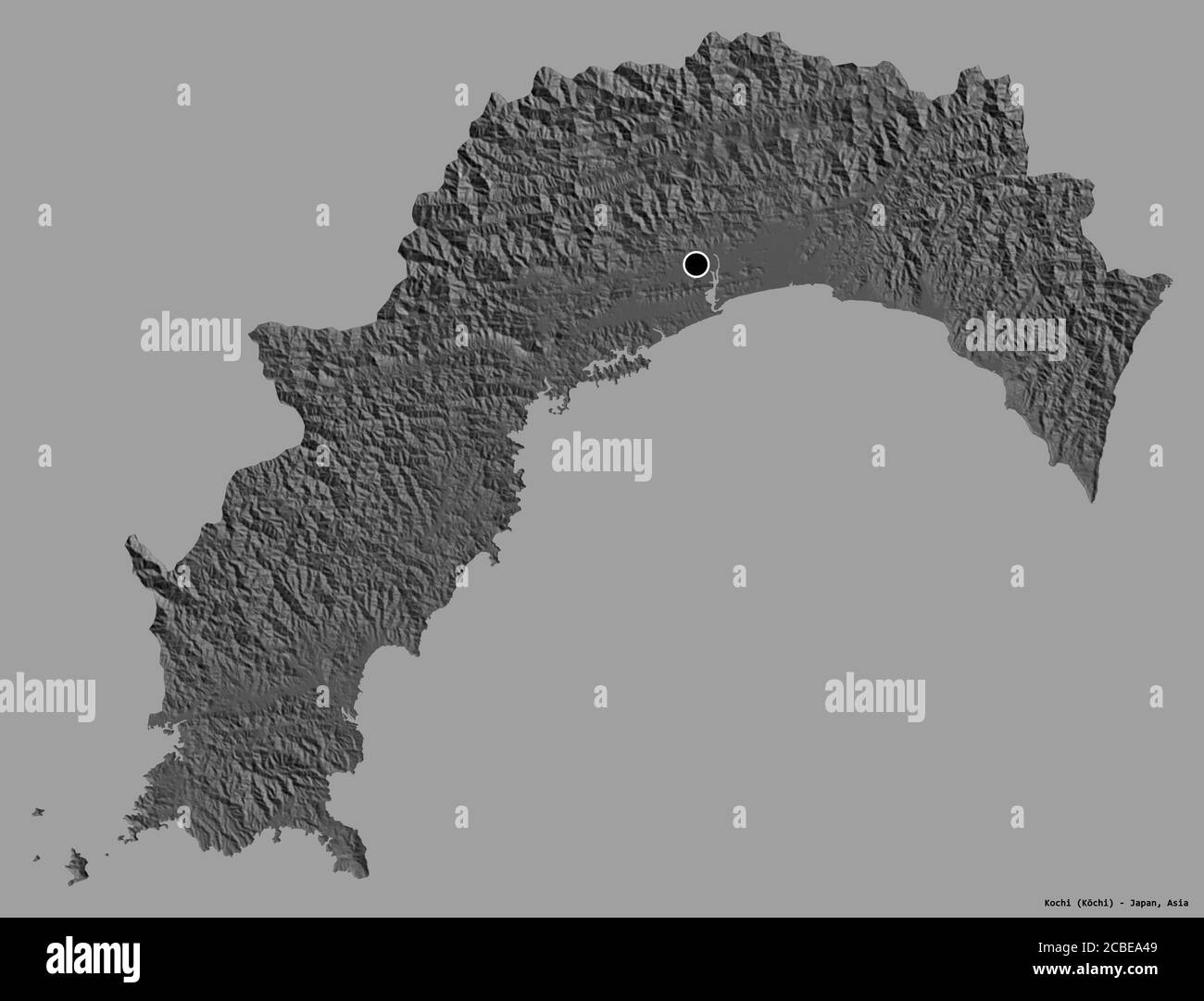 Shape of Kochi, prefecture of Japan, with its capital isolated on a ...