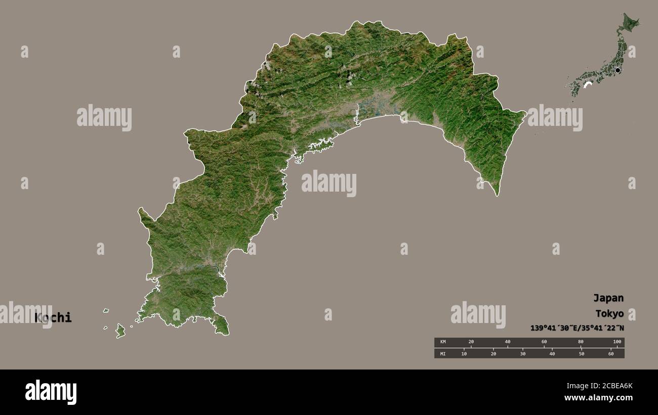 Shape of Kochi, prefecture of Japan, with its capital isolated on solid ...