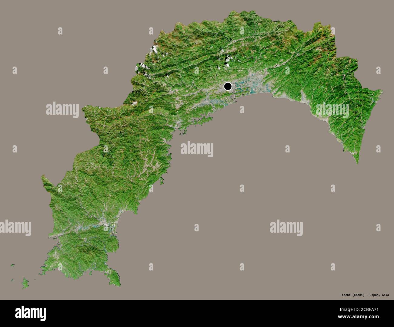 Shape of Kochi, prefecture of Japan, with its capital isolated on a ...