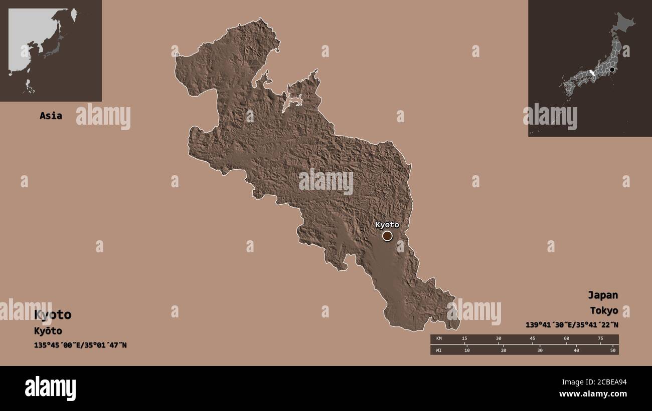 Shape of Kyoto, urban prefecture of Japan, and its capital. Distance ...