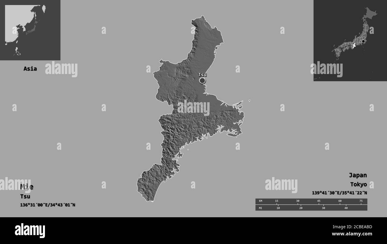 Shape of Mie, prefecture of Japan, and its capital. Distance scale ...