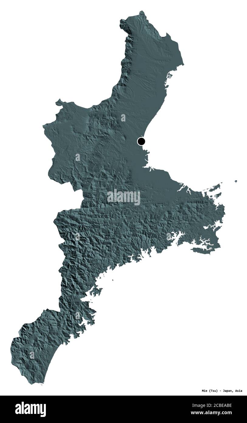 Shape of Mie, prefecture of Japan, with its capital isolated on white ...
