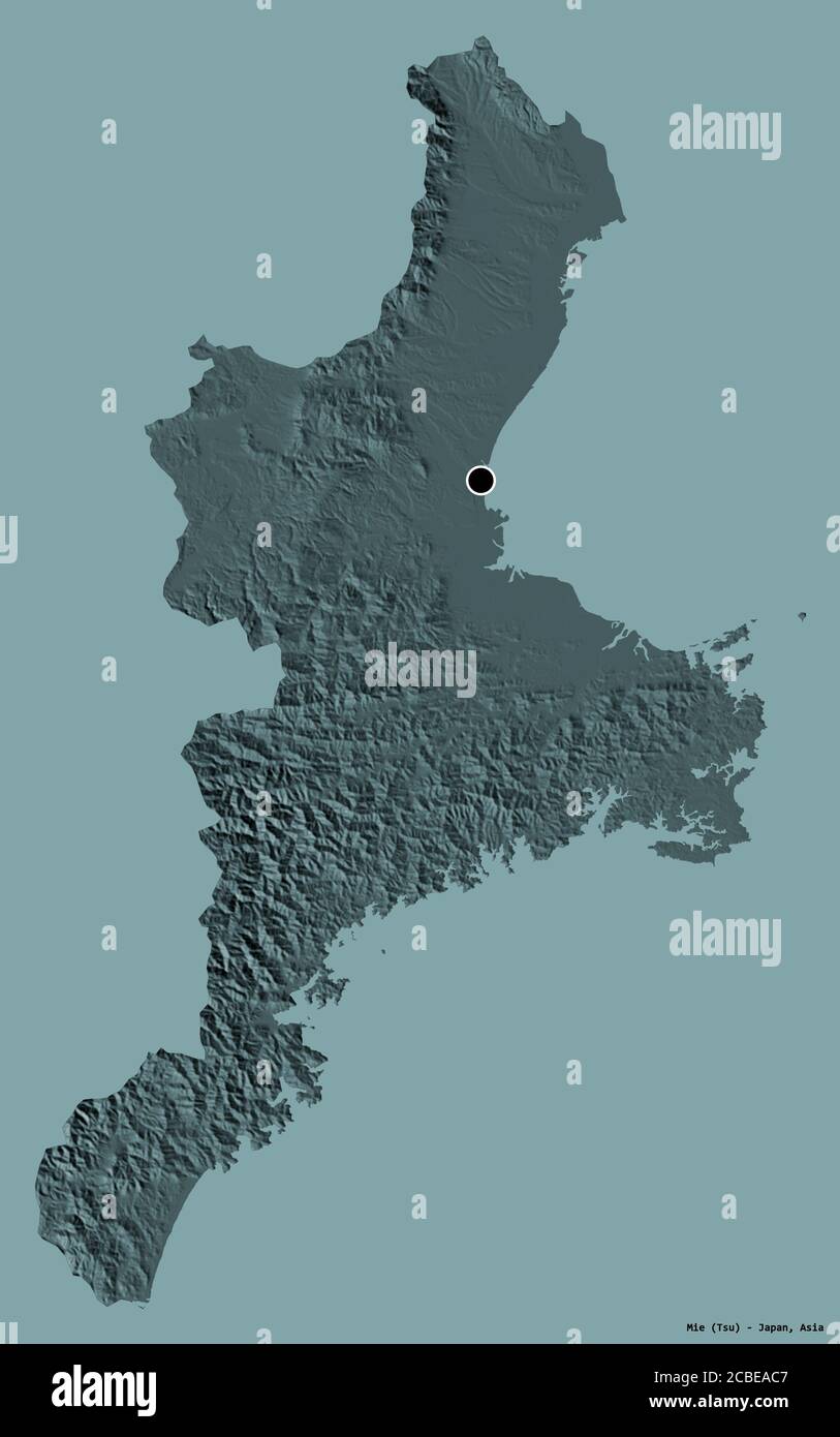 Shape of Mie, prefecture of Japan, with its capital isolated on a solid ...