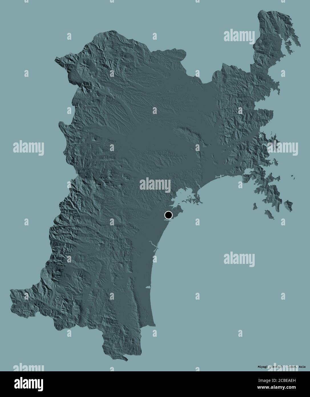 Shape of Miyagi, prefecture of Japan, with its capital isolated on a ...