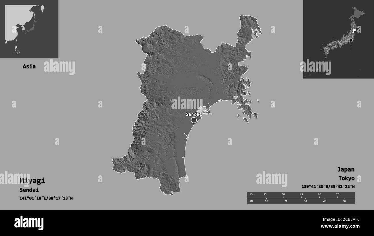 Shape of Miyagi, prefecture of Japan, and its capital. Distance scale ...